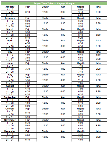 Prayer Time Table of Masjid Nagoya – Islamic Center of Nagoya Masjid Nagoya